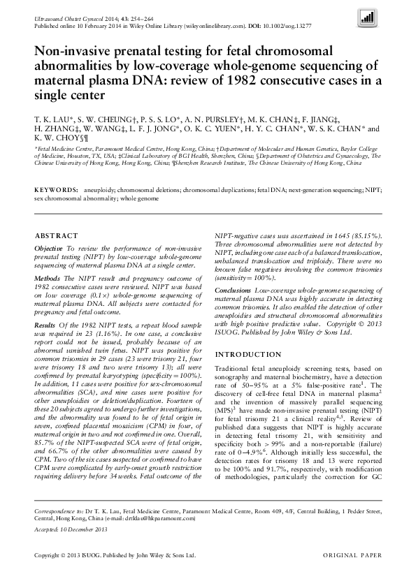 (PDF) Non‐invasive prenatal testing for fetal chromosomal abnormalities ...