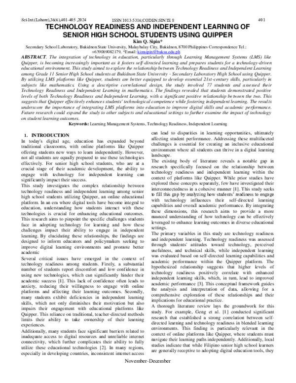 (PDF) TECHNOLOGY READINESS AND INDEPENDENT LEARNING OF SENIOR HIGH ...