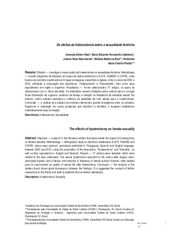 (PDF) Os efeitos da histerectomia sobre a sexualidade feminina
