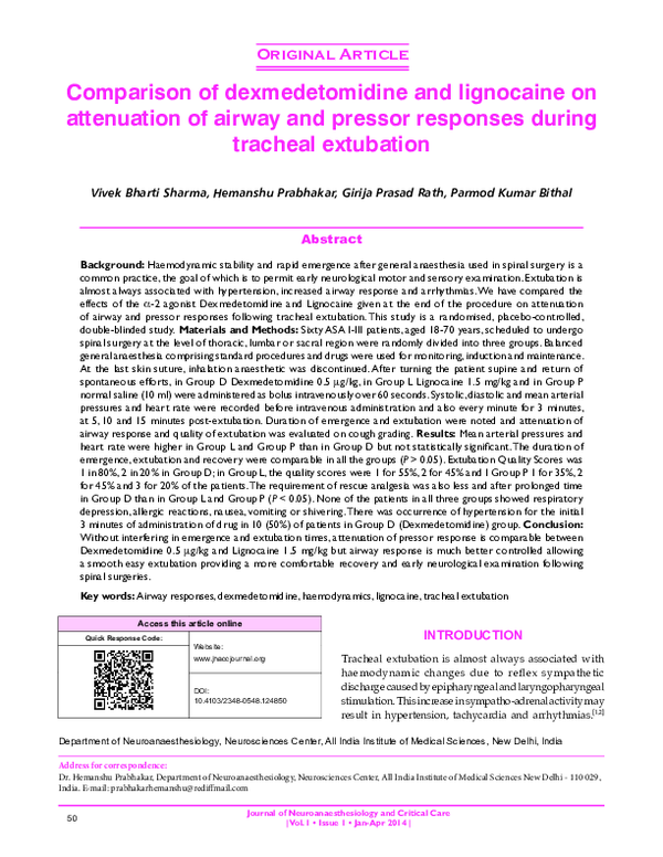 (PDF) Comparison of dexmedetomidine and lignocaine on attenuation of ...