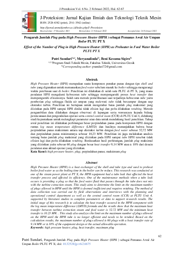 (PDF) Pengaruh Jumlah Plug pada High Pressure Heater (HPH ) sebagai ...