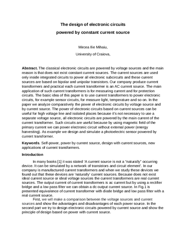 (PDF) The design of electronic circuits powered by constant current source