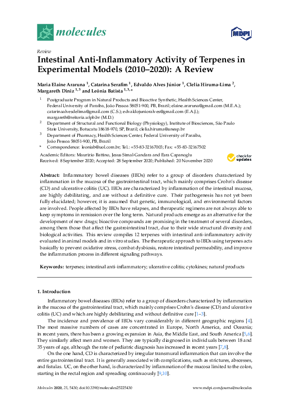 (PDF) Intestinal Anti-Inflammatory Activity of Terpenes in Experimental ...