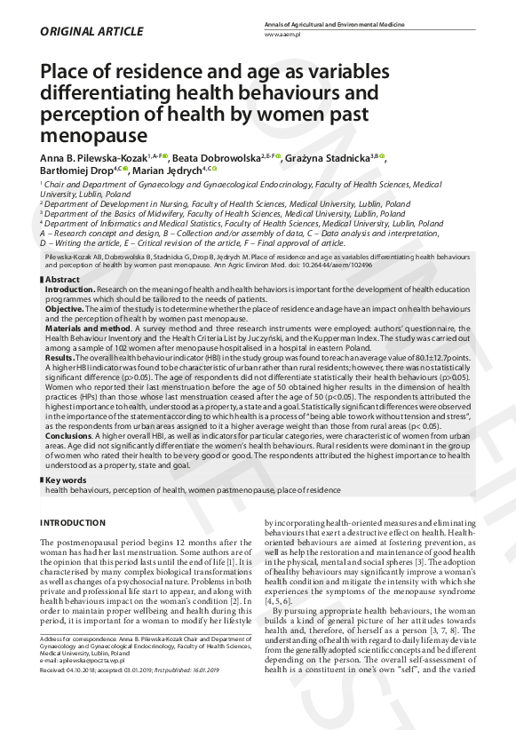 (PDF) Place of residence and age as variables differentiating health ...