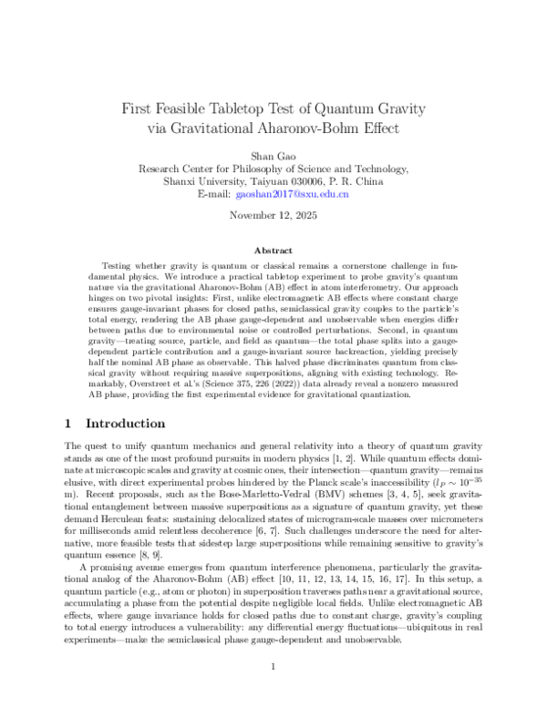 (PDF) First Feasible Tabletop Test of Quantum Gravity via Gravitational ...