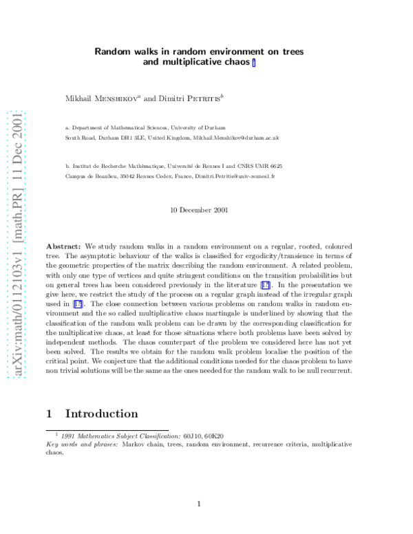 (PDF) Random walks in random environment on trees and multiplicative chaos