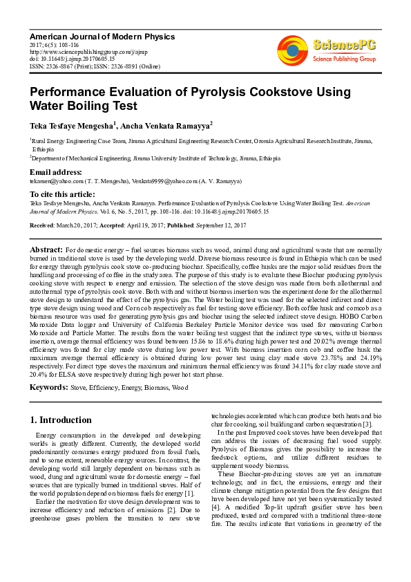 (PDF) Performance Evaluation of Pyrolysis Cookstove Using Water Boiling ...
