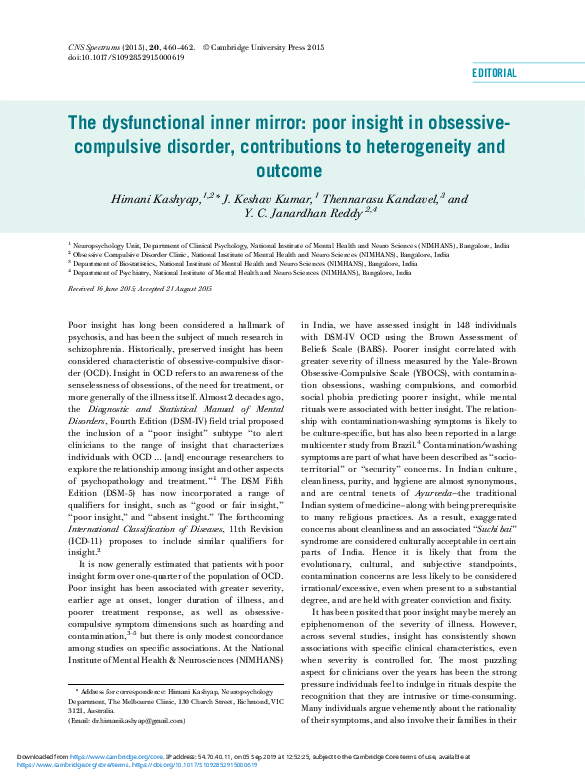 (PDF) The dysfunctional inner mirror: poor insight in obsessive ...