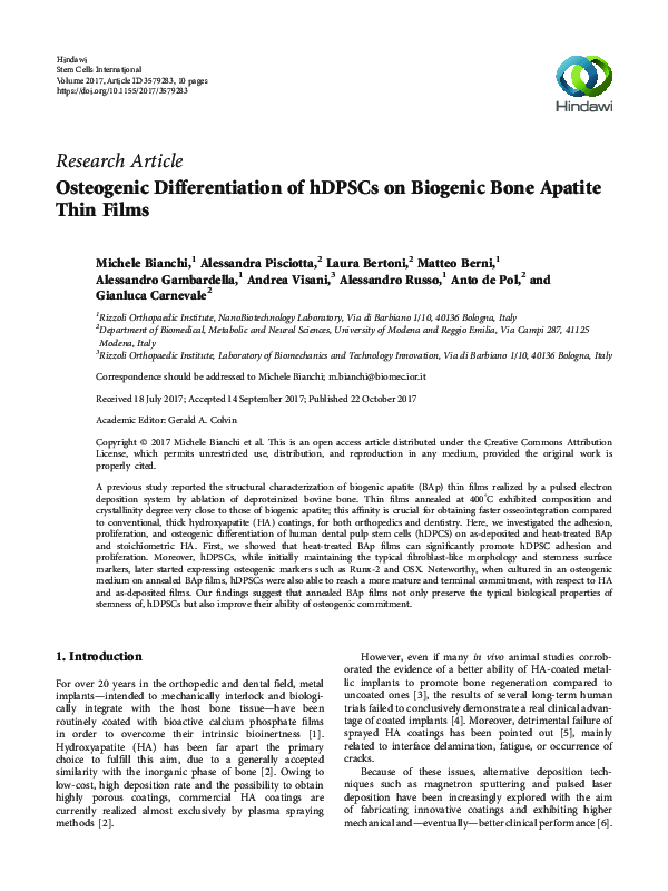 (PDF) Osteogenic Differentiation of hDPSCs on Biogenic Bone Apatite ...
