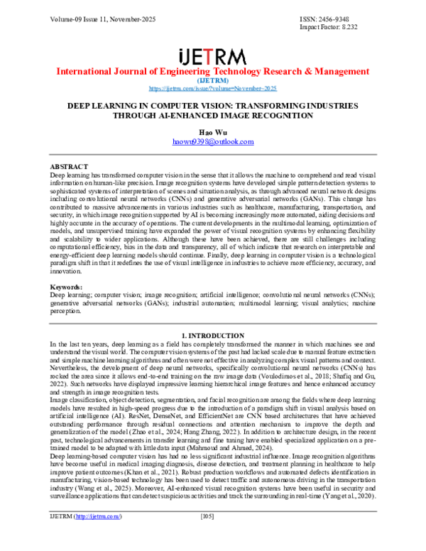 (PDF) DEEP LEARNING IN COMPUTER VISION: TRANSFORMING INDUSTRIES THROUGH AI-ENHANCED IMAGE ...