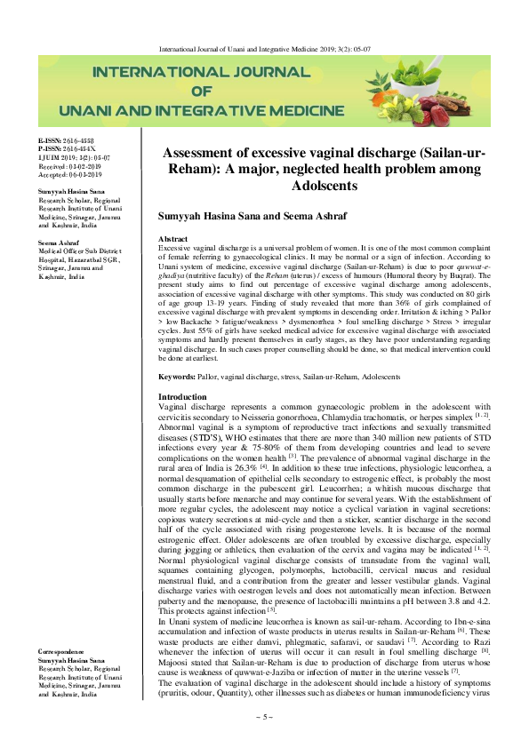 (PDF) Assessment of excessive vaginal discharge (Sailan-ur-Reham): A major, neglected health ...