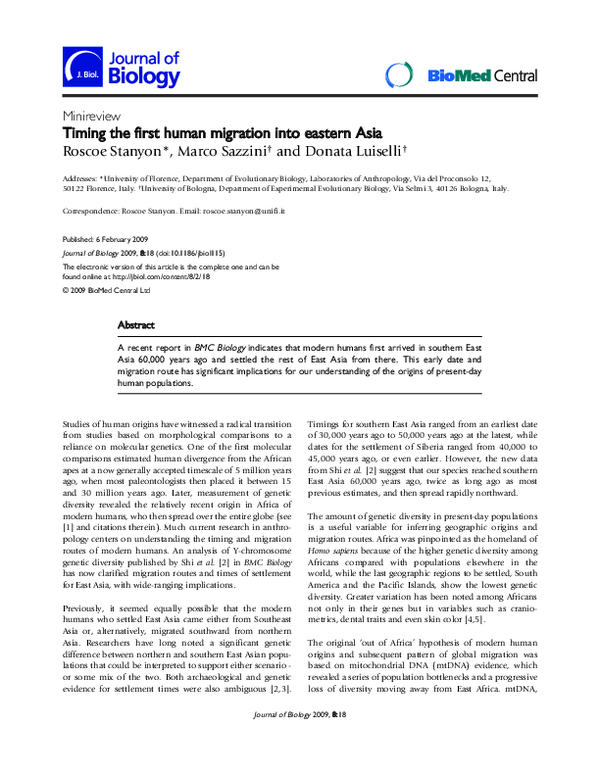 (PDF) Timing the first human migration into eastern Asia