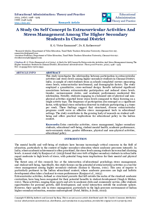 (PDF) A Study On Self Concept In Extracurricular Activities And Stress ...