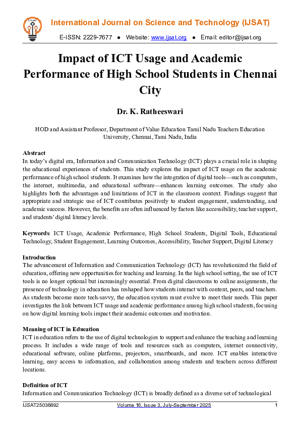 (PDF) Impact of ICT Usage and Academic Performance of High School ...