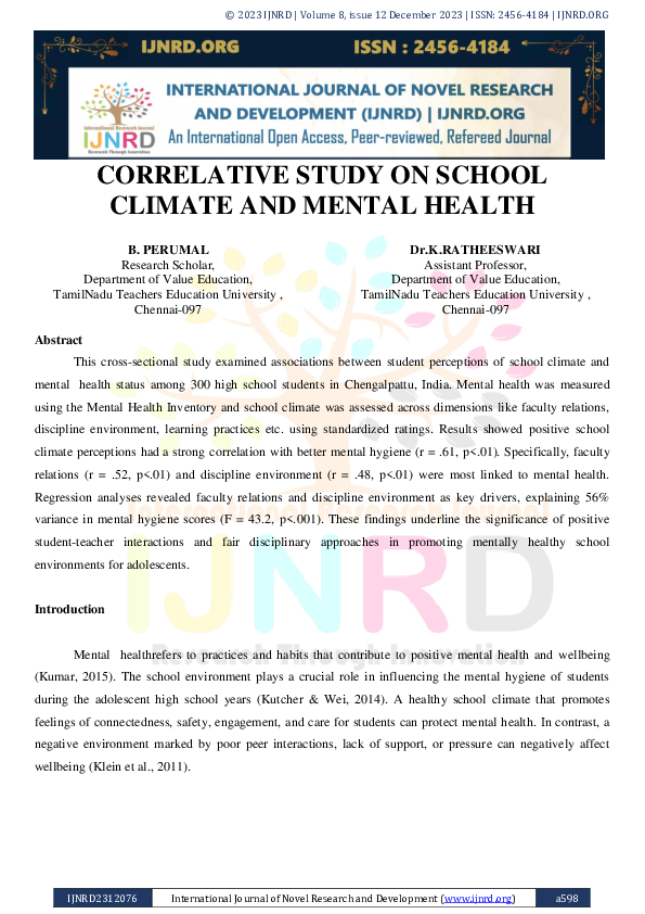 (PDF) CORRELATIVE STUDY ON SCHOOL CLIMATE AND MENTAL HEALTH