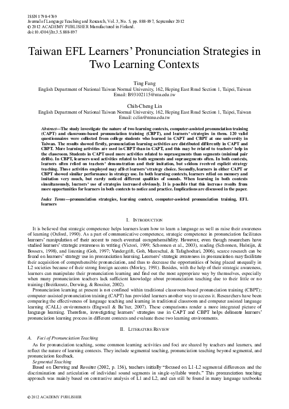 (PDF) Taiwan EFL Learners’ Pronunciation Strategies in Two Learning ...
