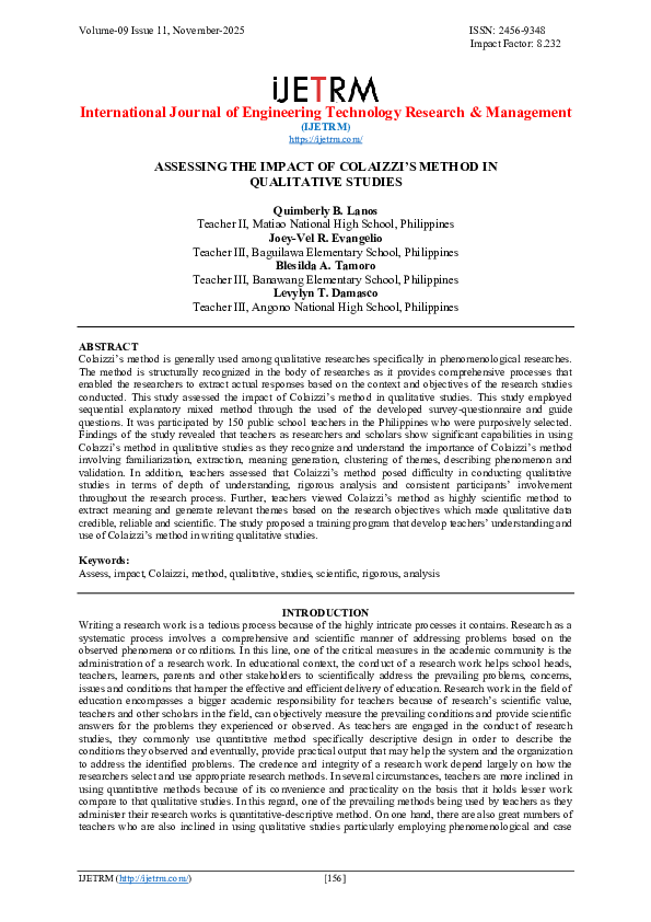 (PDF) ASSESSING THE IMPACT OF COLAIZZI’S METHOD IN QUALITATIVE STUDIES