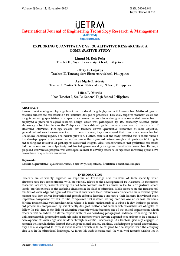 (PDF) EXPLORING QUANTITATIVE VS. QUALITATIVE RESEARCHES: A COMPARATIVE ...