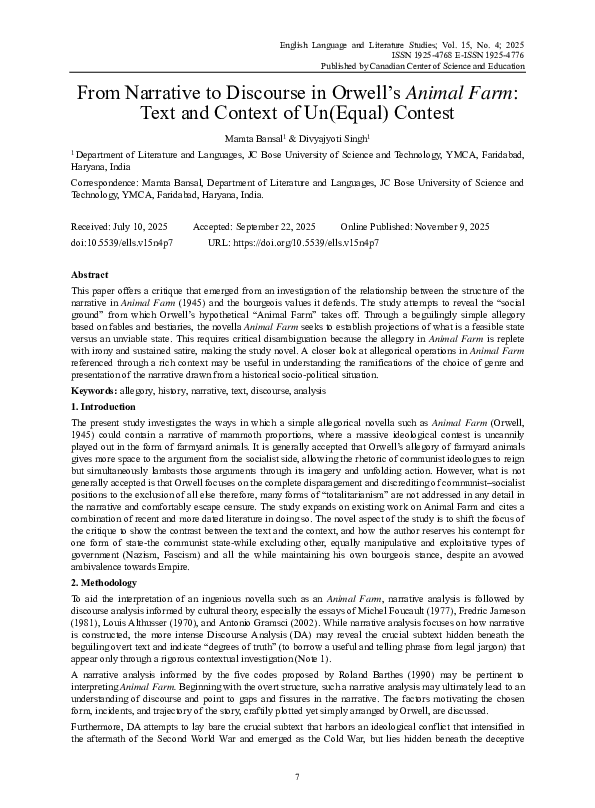 (PDF) From Narrative to Discourse in Orwell’s Animal Farm: Text and ...