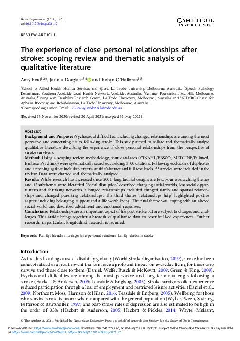 (PDF) The experience of close personal relationships after stroke ...