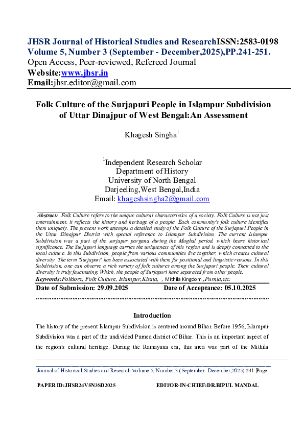 (PDF) Folk Culture of the Surjapuri People in Islampur Subdivision of ...