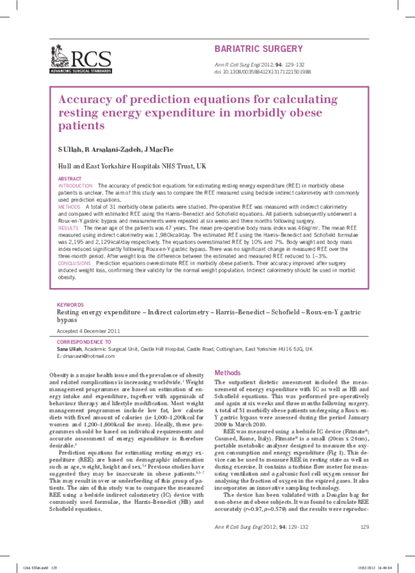 (PDF) Accuracy of prediction equations for calculating resting energy ...