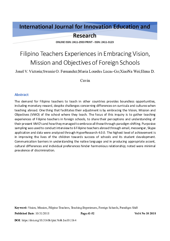 (PDF) Filipino Teachers' Experiences in Embracing Vision,Mission and ...