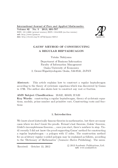 (PDF) Gauss' Method of Constructing a Regular Heptadecagon