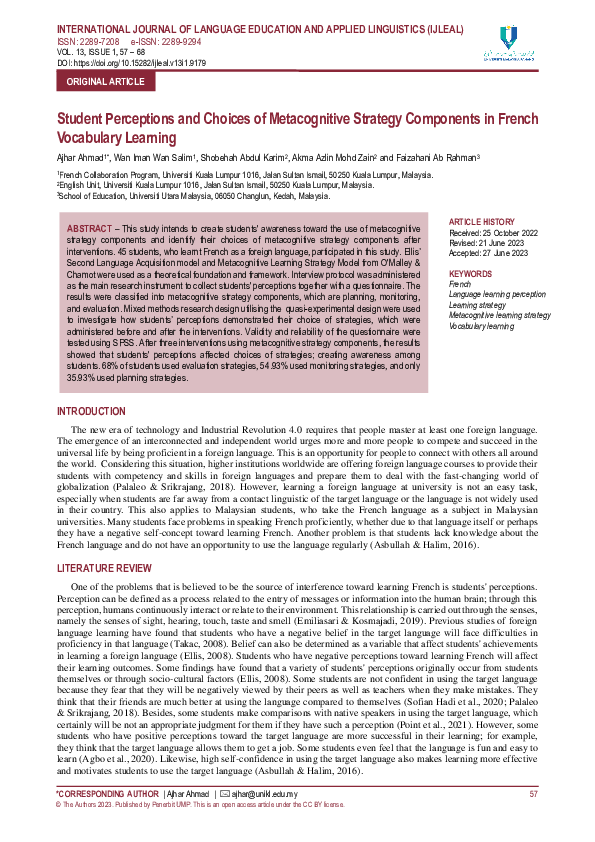 (PDF) Student Perceptions and Choices of Metacognitive Strategy ...
