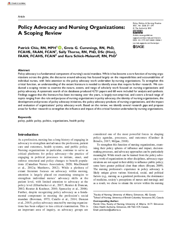 (PDF) Policy Advocacy and Nursing Organizations: A Scoping Review
