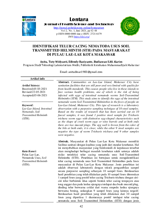 (PDF) Identifikasi Telur Cacing Nematoda Usus Soil Transmitted Helminth (STH) Pada Masyarakat DI ...