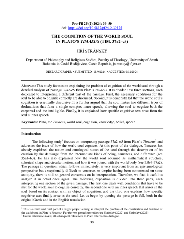 (PDF) THE COGNITION OF THE WORLD SOUL IN PLATO'S TIMAEUS (TIM. 37a2-c5