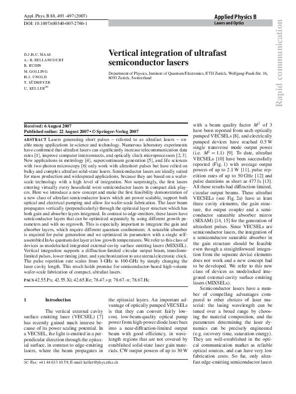 (PDF) Vertical integration of ultrafast semiconductor lasers