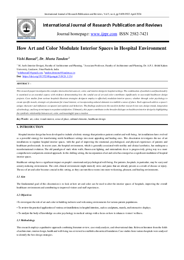(PDF) How Art and Color Modulate Interior Spaces in Hospital Environment