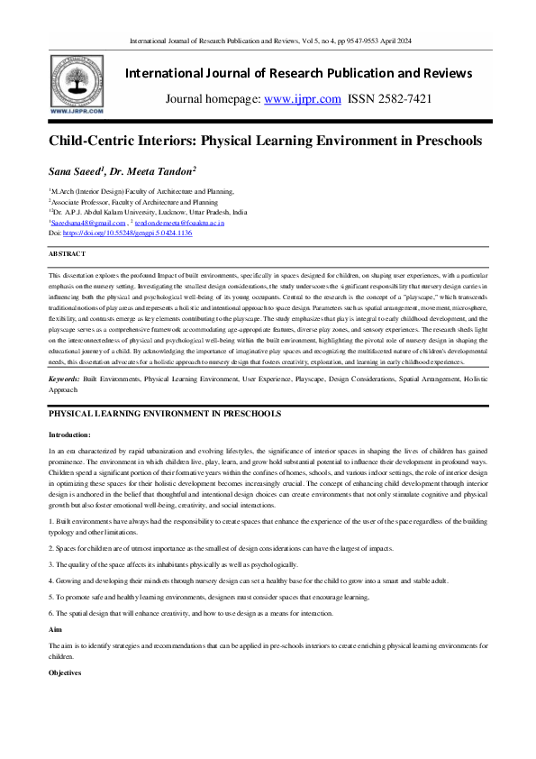(PDF) Child-Centric Interiors: Physical Learning Environment in Preschools