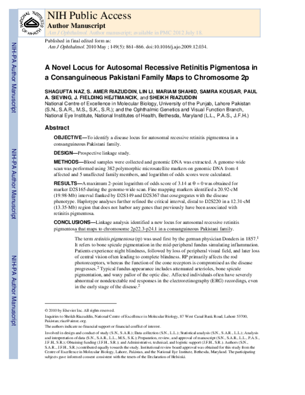 (PDF) A Novel Locus for Autosomal Recessive Retinitis Pigmentosa in a ...