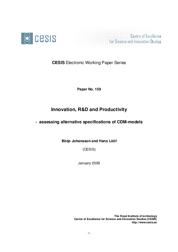 (PDF) Innovation, R&D and Productivity-assessing alternative ...