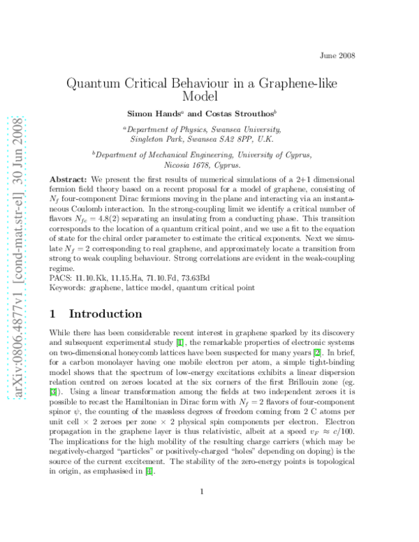 (PDF) Quantum critical behavior in a graphenelike model