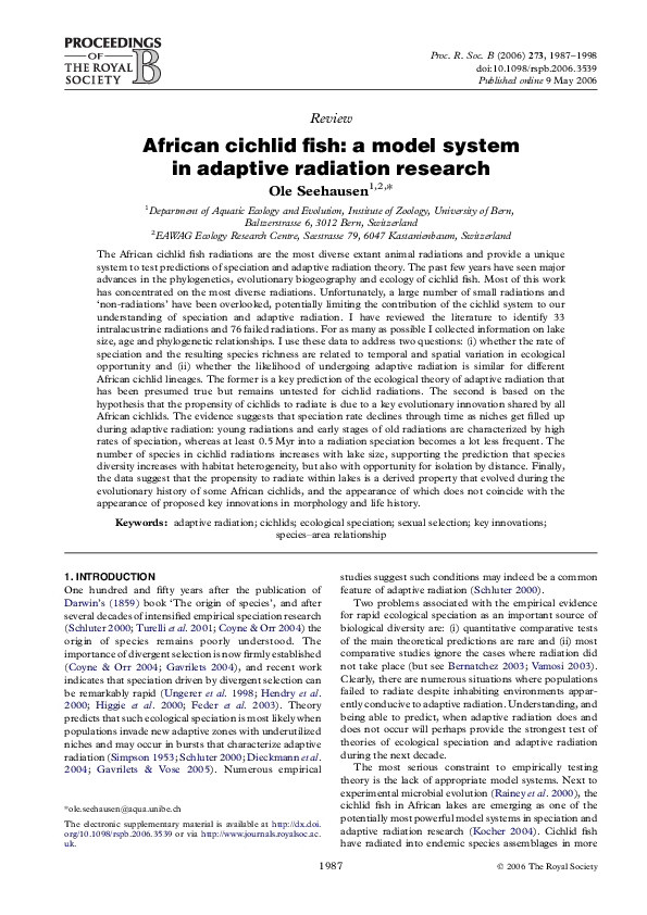 (PDF) African cichlid fish: a model system in adaptive radiation research