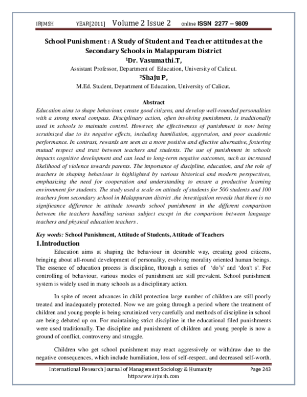 (PDF) School Punishment : A Study of Student and Teacher attitudes at ...