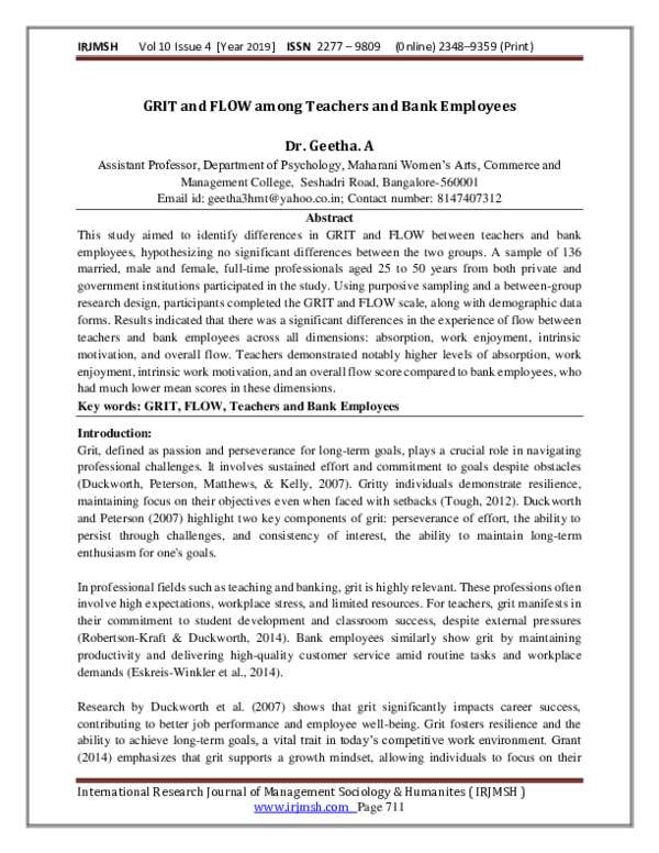 (PDF) GRIT and FLOW among Teachers and Bank Employees