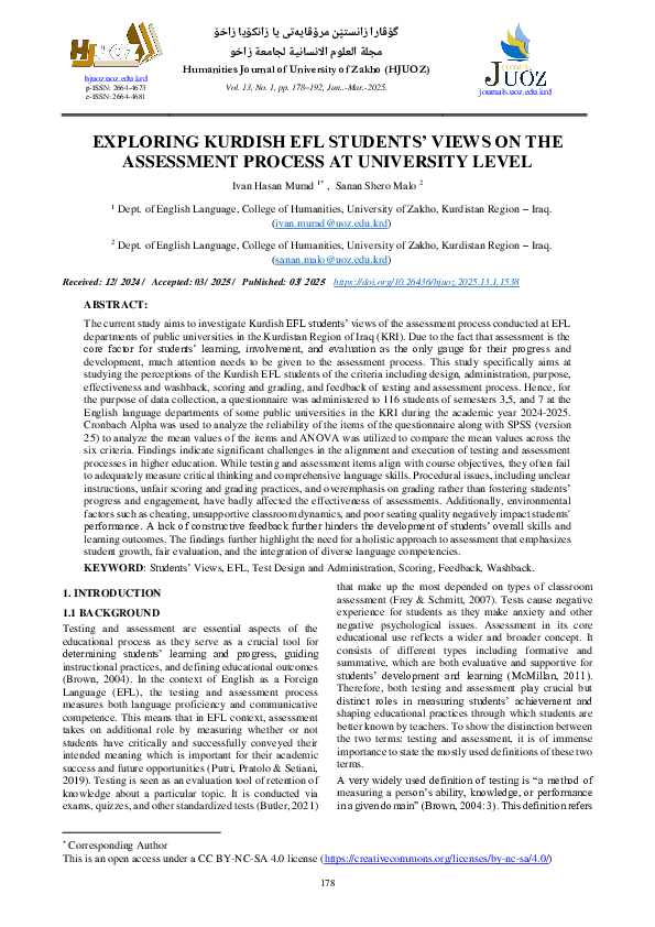 (PDF) EXPLORING KURDISH EFL STUDENTS' VIEWS ON THE ASSESSMENT PROCESS ...