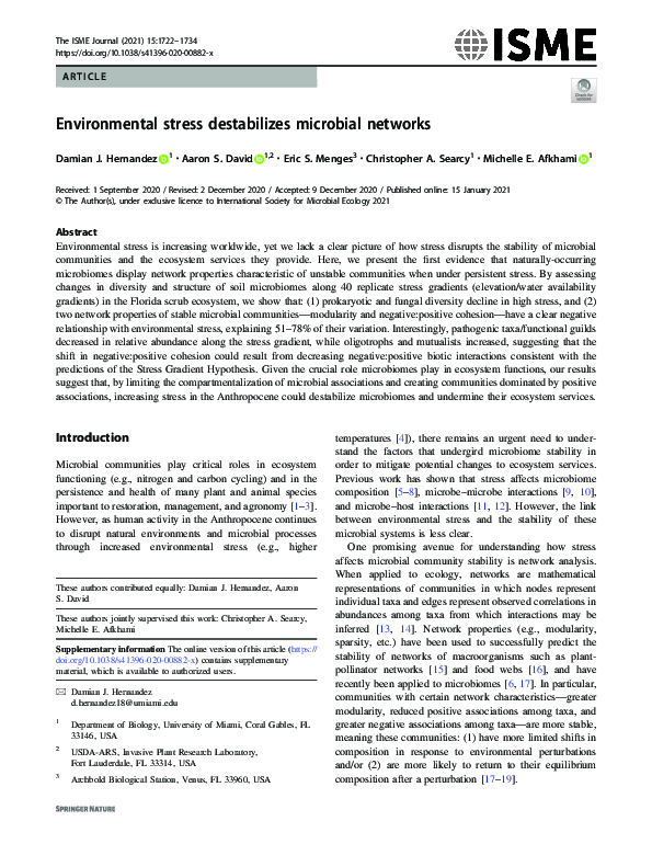 (PDF) Environmental stress destabilizes microbial networks