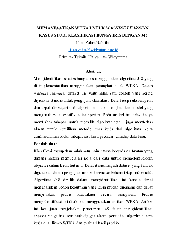 (PDF) MEMANFAATKAN WEKA UNTUK MACHINE LEARNING: KASUS STUDI KLASIFIKASI ...