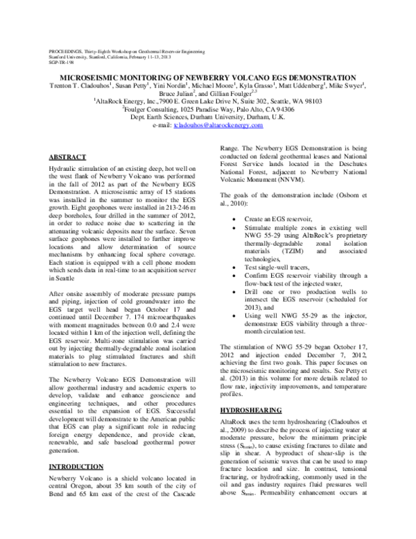 (PDF) Microseismic monitoring of Newberry volcano EGS demonstration
