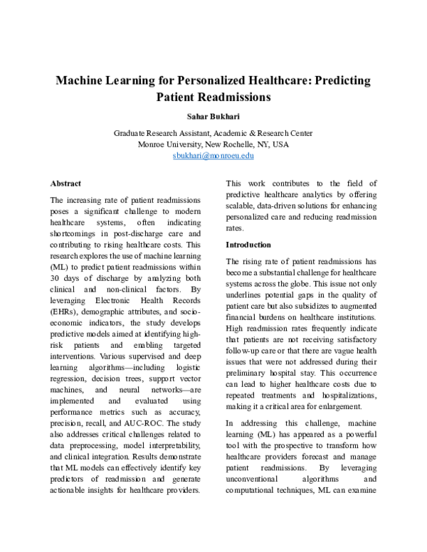 (PDF) Machine Learning for Personalized Healthcare: Predicting Patient Readmissions