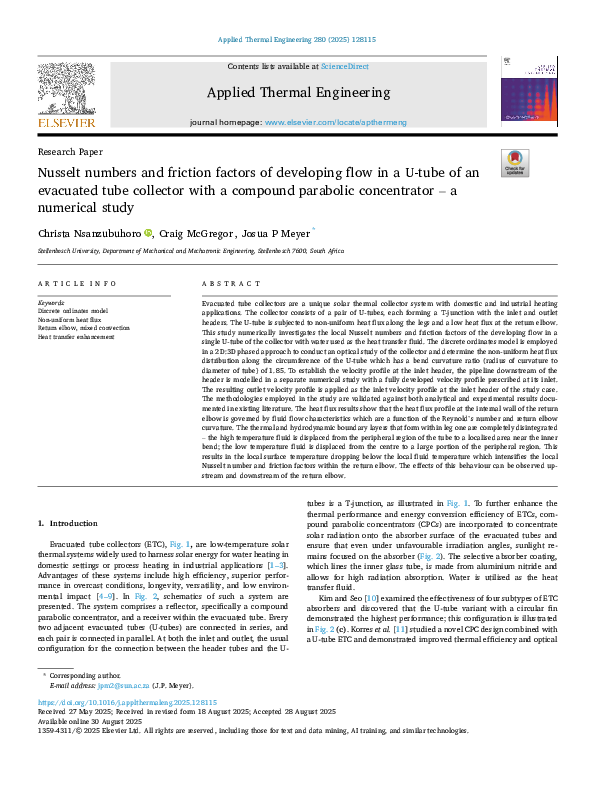 (PDF) Nusselt numbers and friction factors of developing flow in a U ...