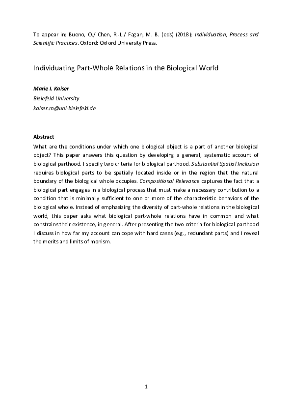 (PDF) Individuating Part–Whole Relations in the Biological World
