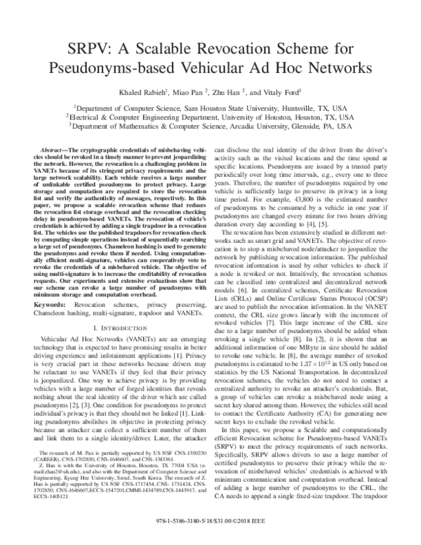 (PDF) SRPV: A Scalable Revocation Scheme for Pseudonyms-Based Vehicular ...