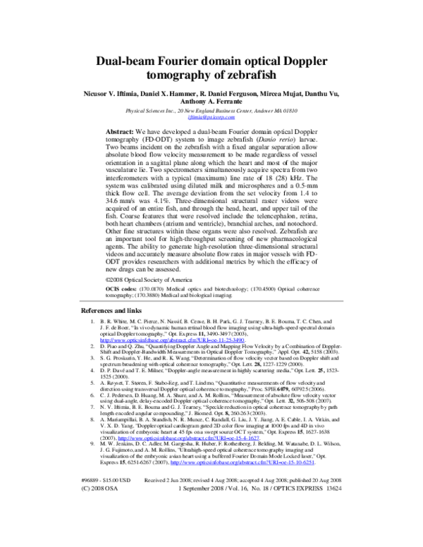 (PDF) Dual-beam Fourier domain optical Doppler tomography of zebrafish